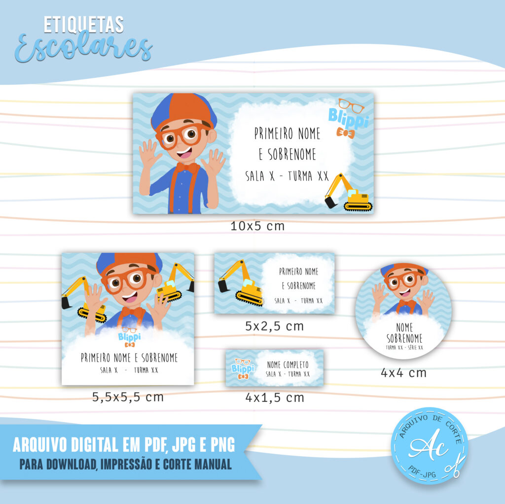 Arquivo Etiquetas escolares Blippi #1 - Arquivo de corte