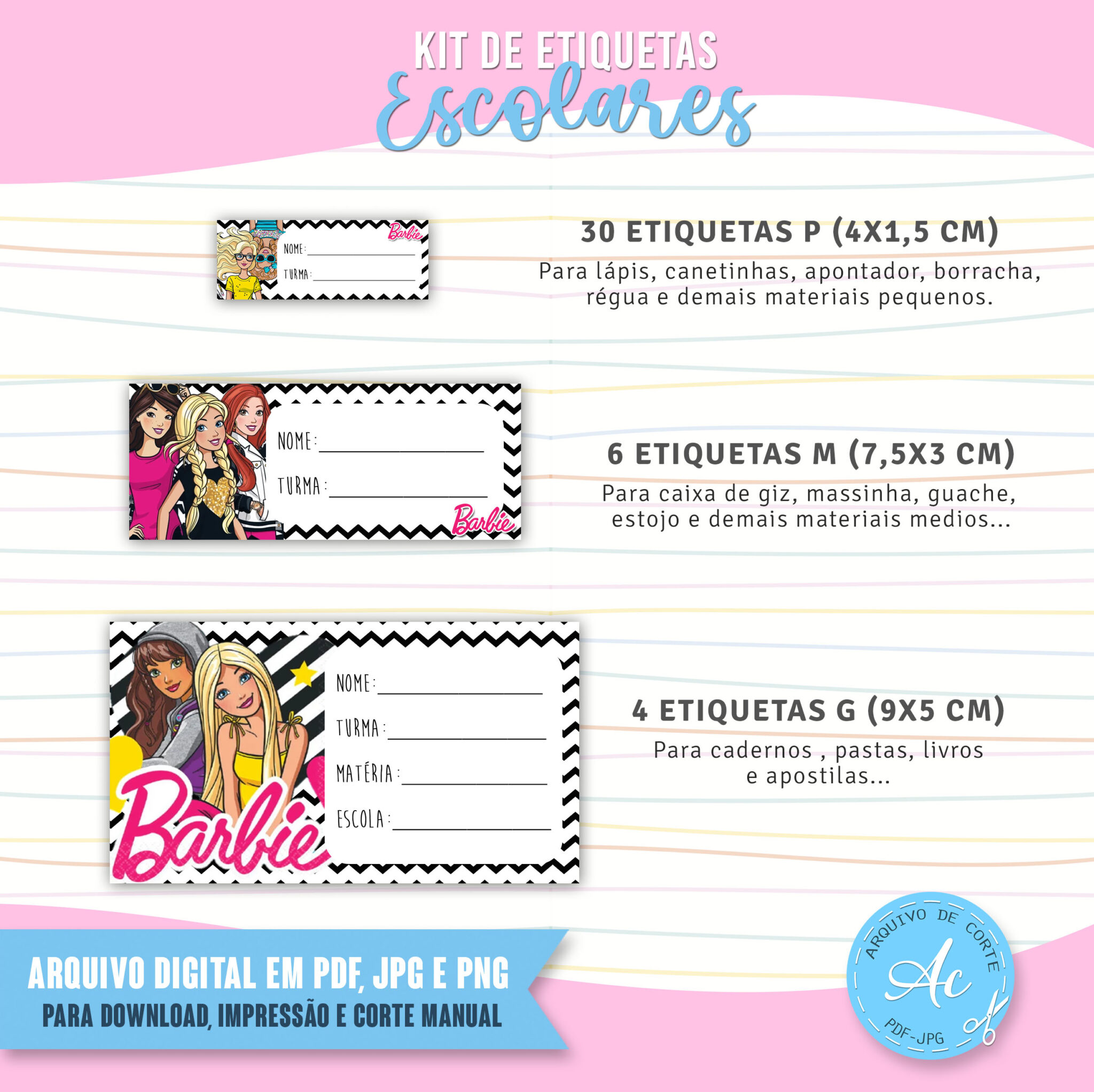 Arquivo Etiquetas escolares Barbie #2 - Arquivo de corte