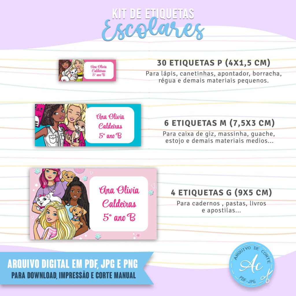 Arquivo Etiquetas escolares Barbie #3 - Arquivo de corte