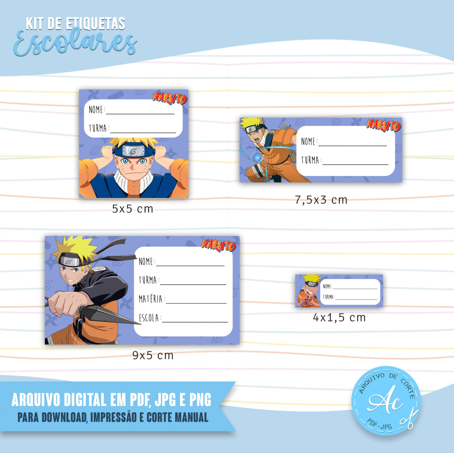 Arquivo Etiquetas escolares Naruto #1 - Arquivo de corte