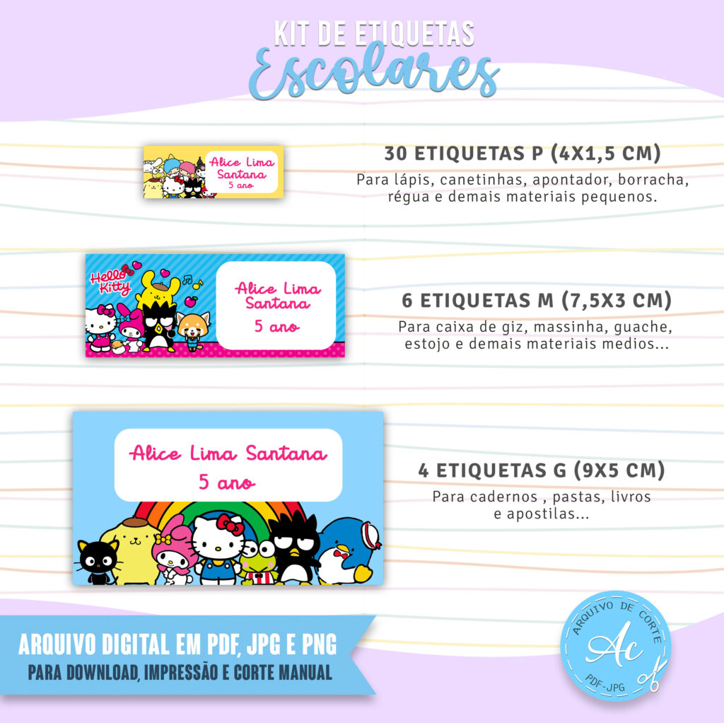 Arquivo Etiquetas escolares Hello Kitty #1 - Arquivo de corte