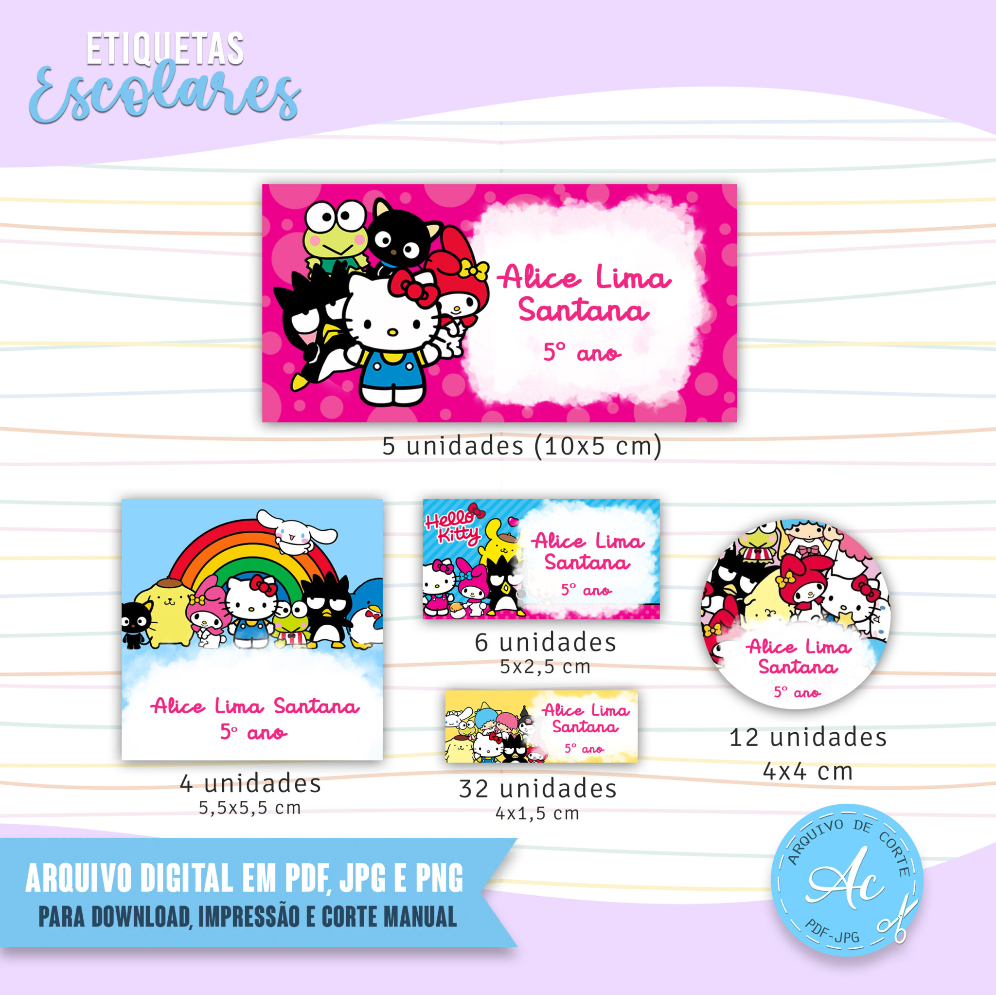 Etiquetas escolares Hello Kitty #2 - Arquivo de corte