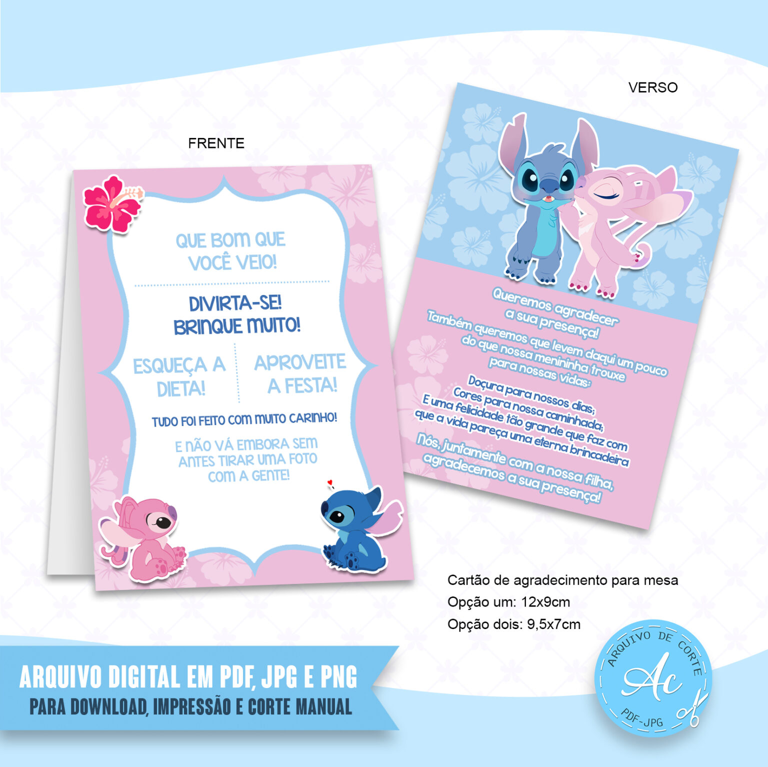 Arquivo Cartão para mesa Stitch e Angel Rosa #1 - Arquivo de corte